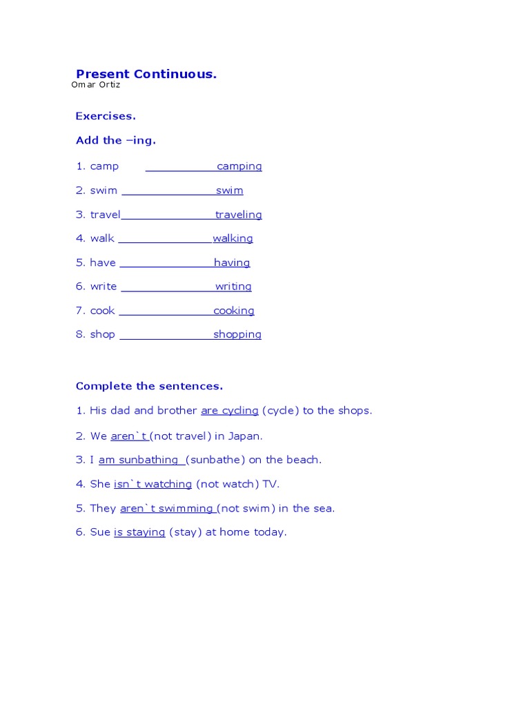 Present Continuous Exercises | PDF