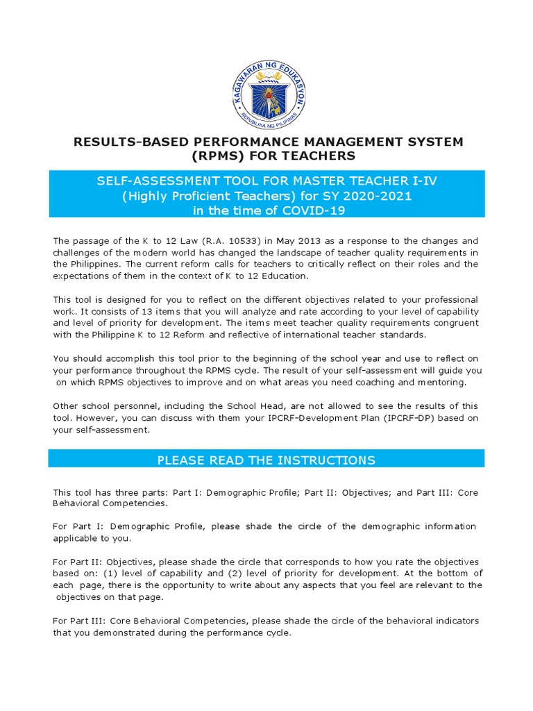 Self-assessment tool for RPMS | PDF | Competence (Human Resources) | Goal