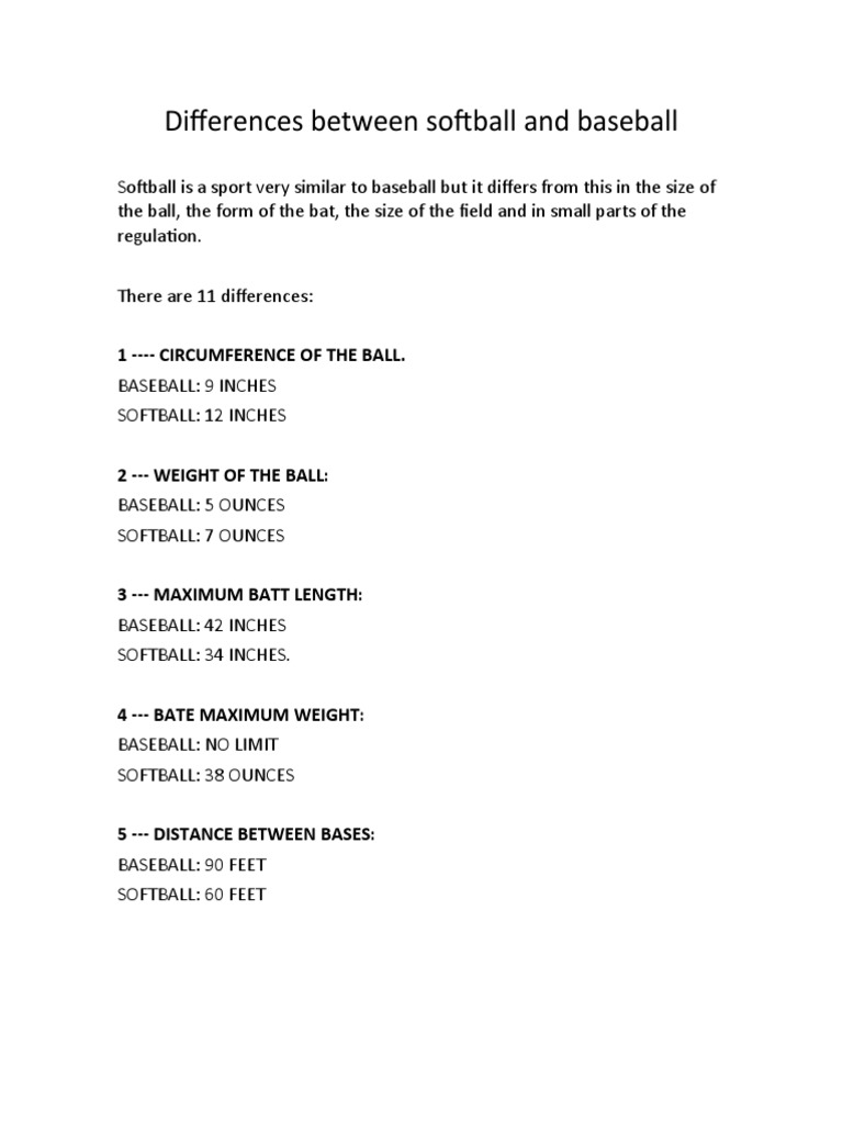 Differences Between Softball and Baseball | PDF