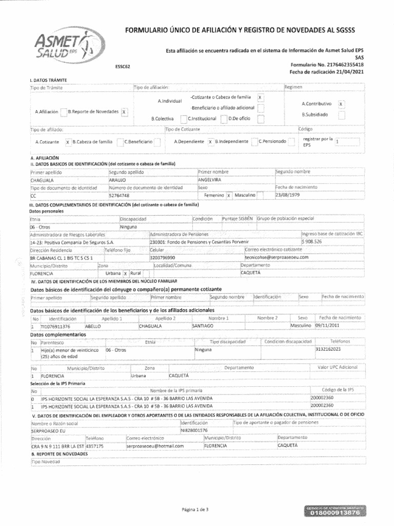 Formulario de Afiliacion Asmet Salud Angelvira Chaguala Araujo | PDF