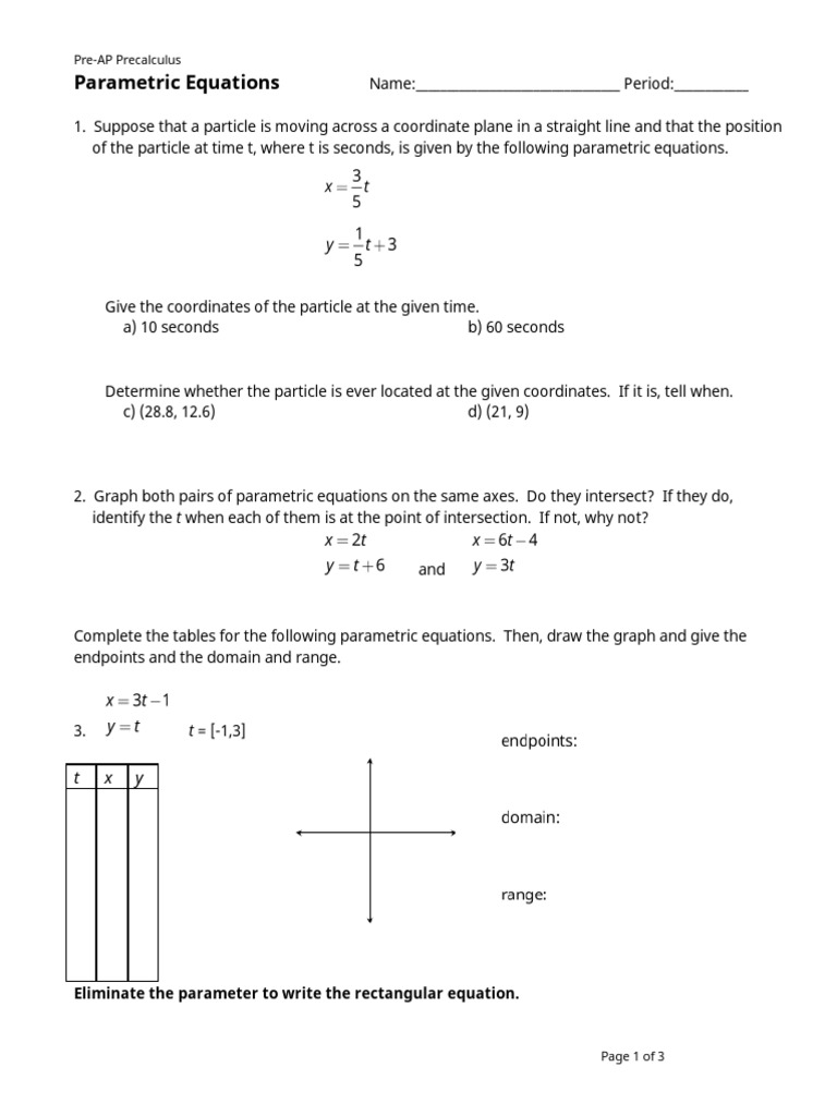 9.3E Extra Practice Parametric Equations WS | PDF | Teaching Methods ...