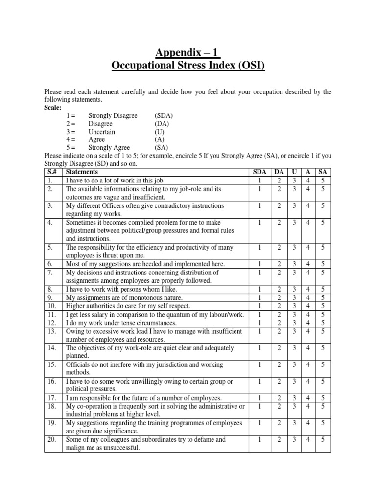 1 - Appendix Occupational Stress Index (OSI) : Scale | PDF | Economies ...