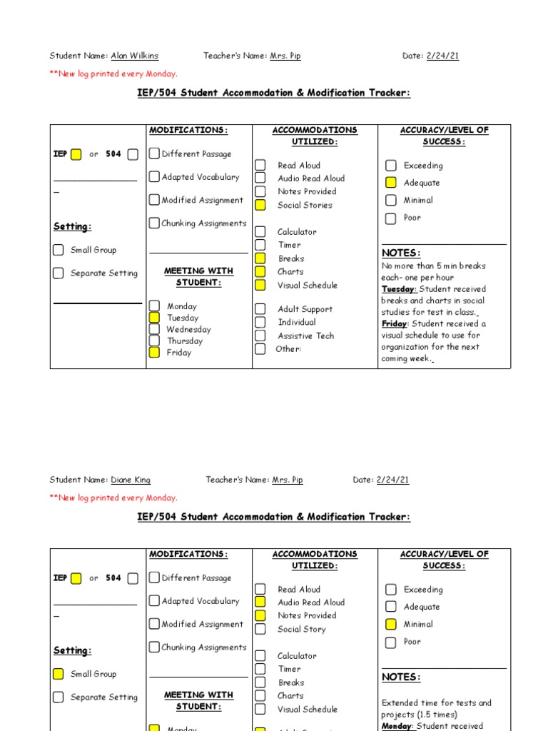 Accommodation Tracker For Iep 504 | PDF | Individualized Education ...