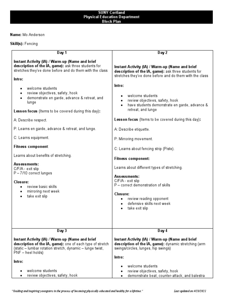 SUNY Cortland Physical Education Department Block Plan | Download Free ...