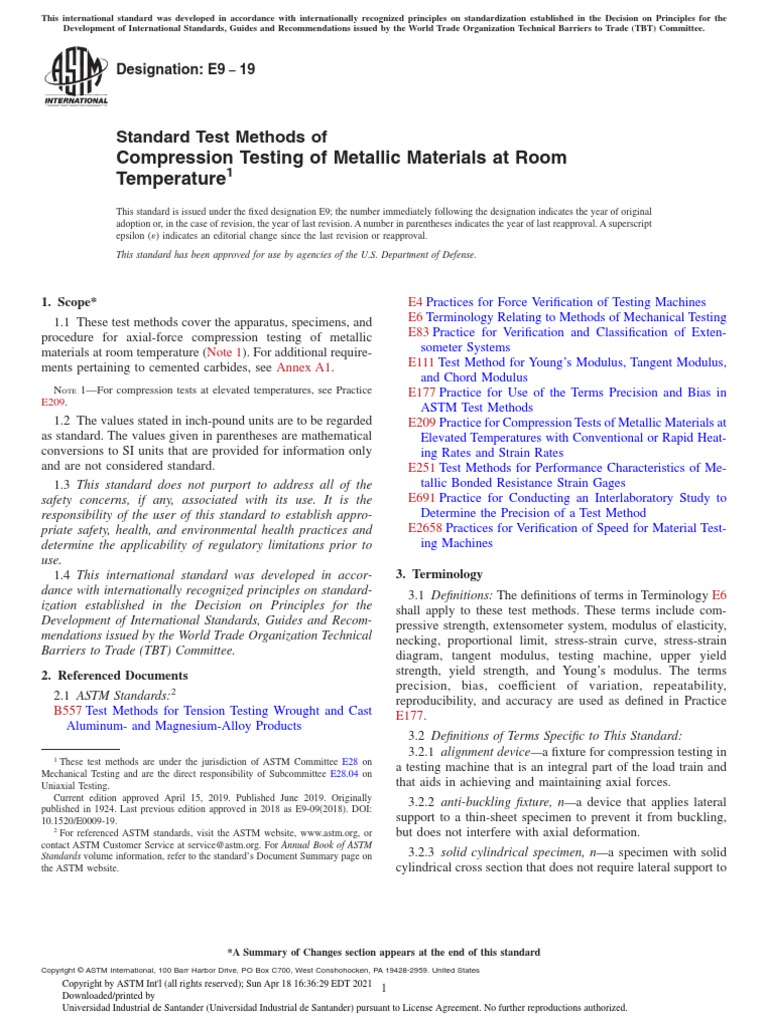Norma Astm E9 (Compresion) | PDF | Strength Of Materials | Deformation ...