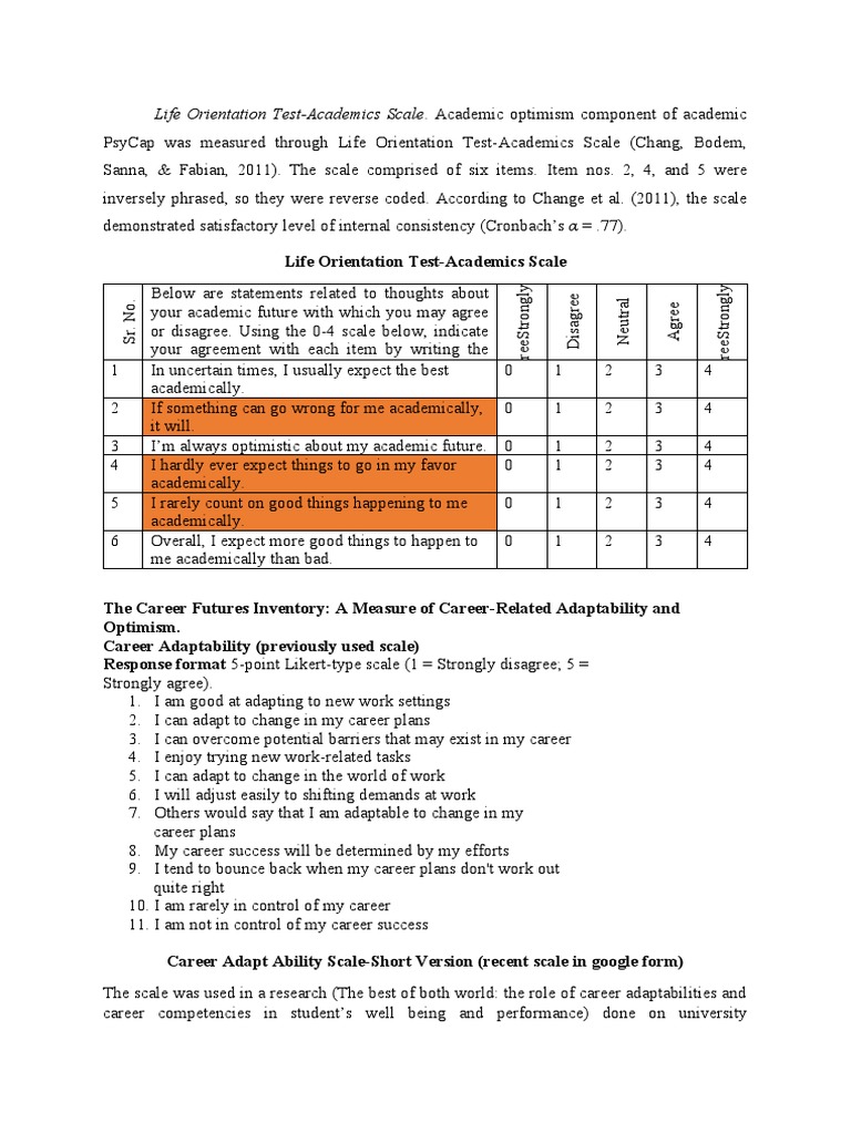 Life Orientation Test-Academics Scale. Academic Optimism Component of ...