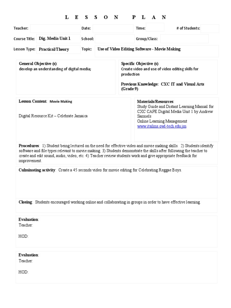 Lesson Plan CAPE DM Unit 1 Movie Making Lesson 1 | PDF