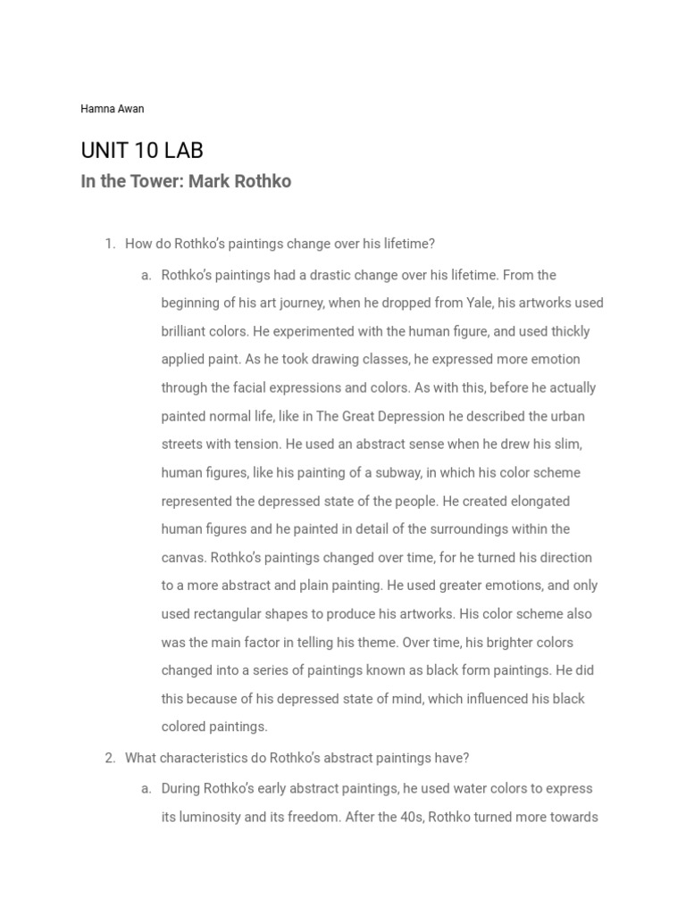 Unit 10 Lab: in The Tower: Mark Rothko | PDF | Paintings | Impressionism