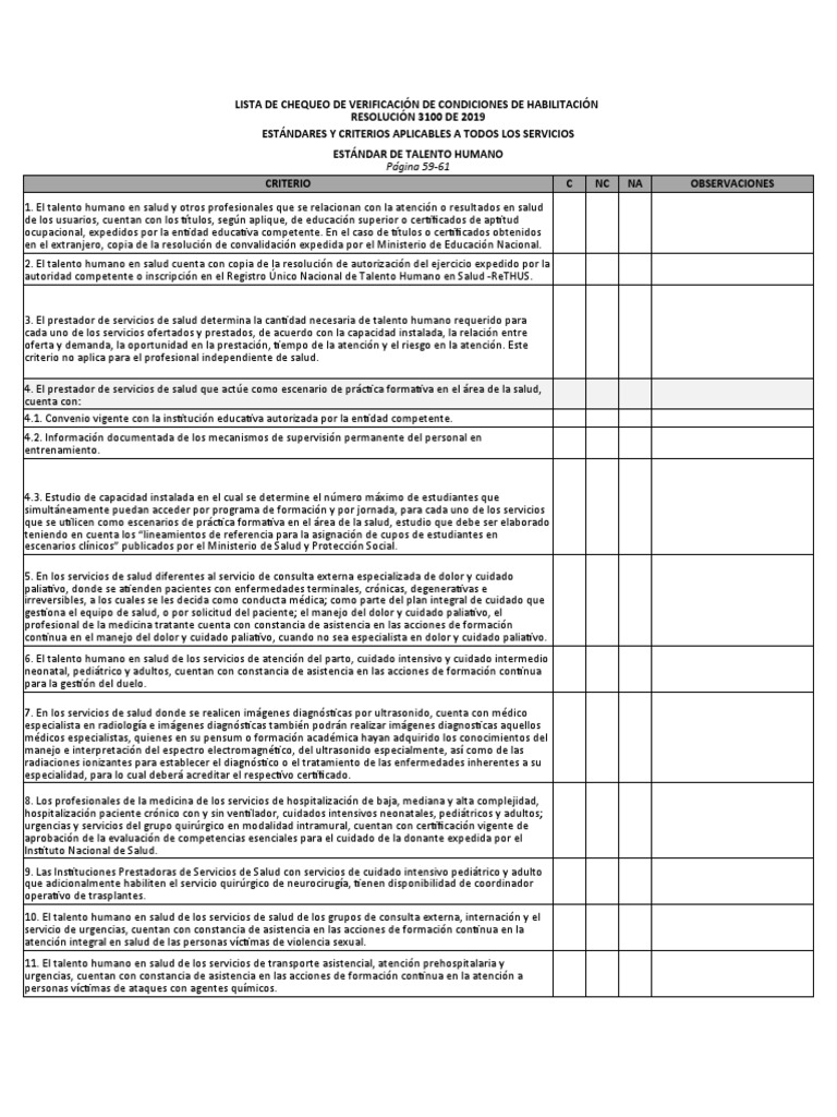 LISTA DE CHEQUEO-Resolución 3100-2019 | PDF | Medicina de Cuidados Intensivos | Hospital