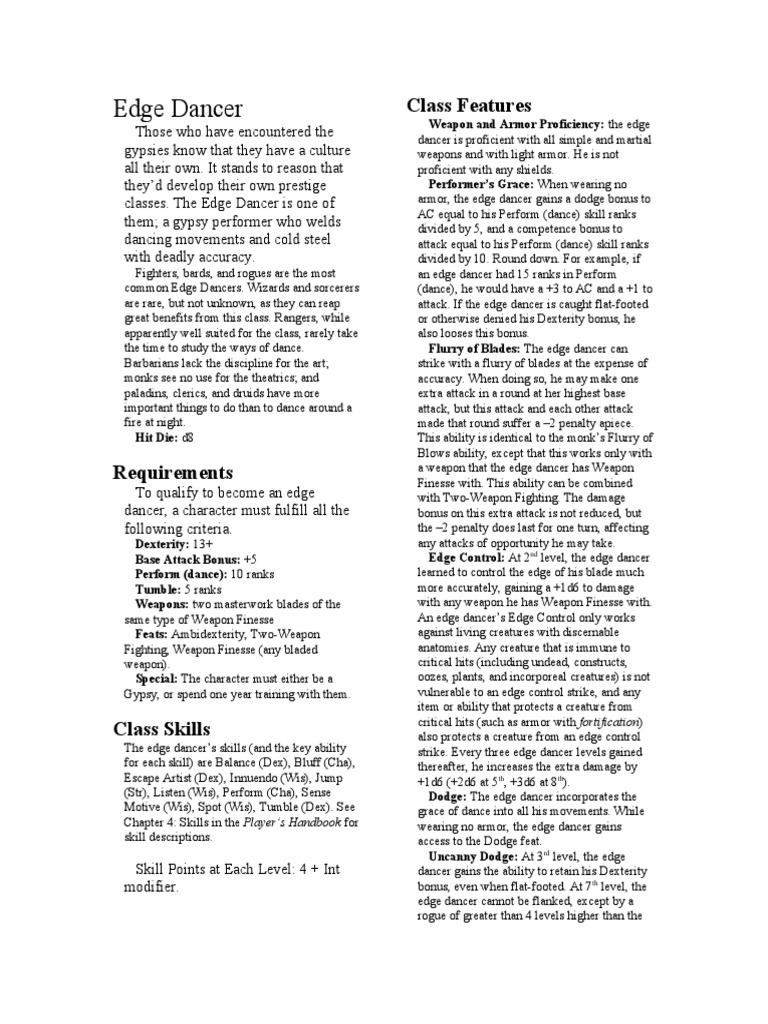 Edge Dancer: Class Features | Download Free PDF | D20 System | Dances