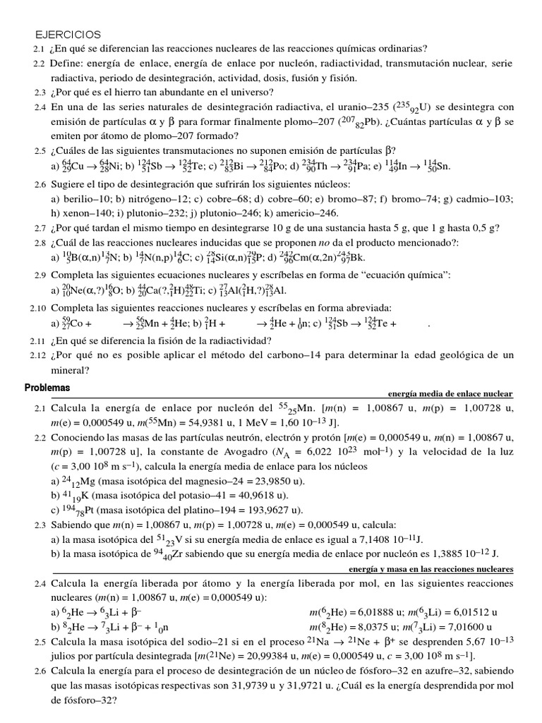Ejercicios de Quimica Nuclear | PDF | Desintegración radioactiva | La ...