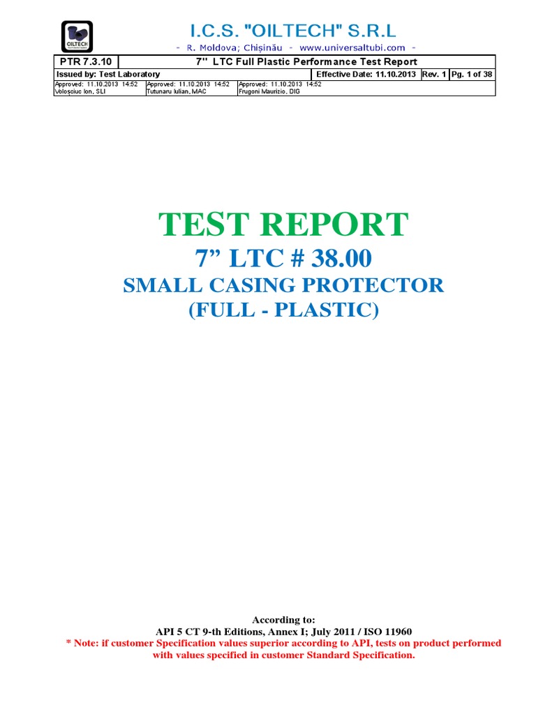 7" LTC Full Plastic Protector Test Report | PDF | Pipe (Fluid ...