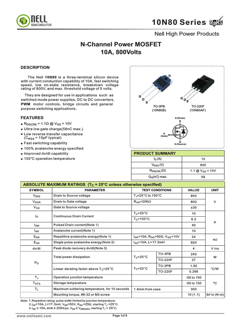 10N80 Series: N-Channel Power MOSFET 10A, 800volts Description | PDF ...