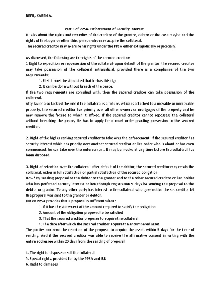 PPSA Security Interest Enforcement Rights | PDF | Security Interest ...