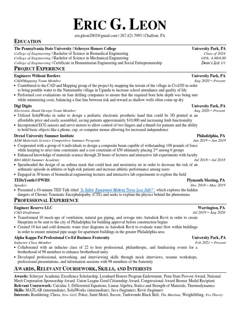 Leon Eric Resume | PDF | Engineering | Science