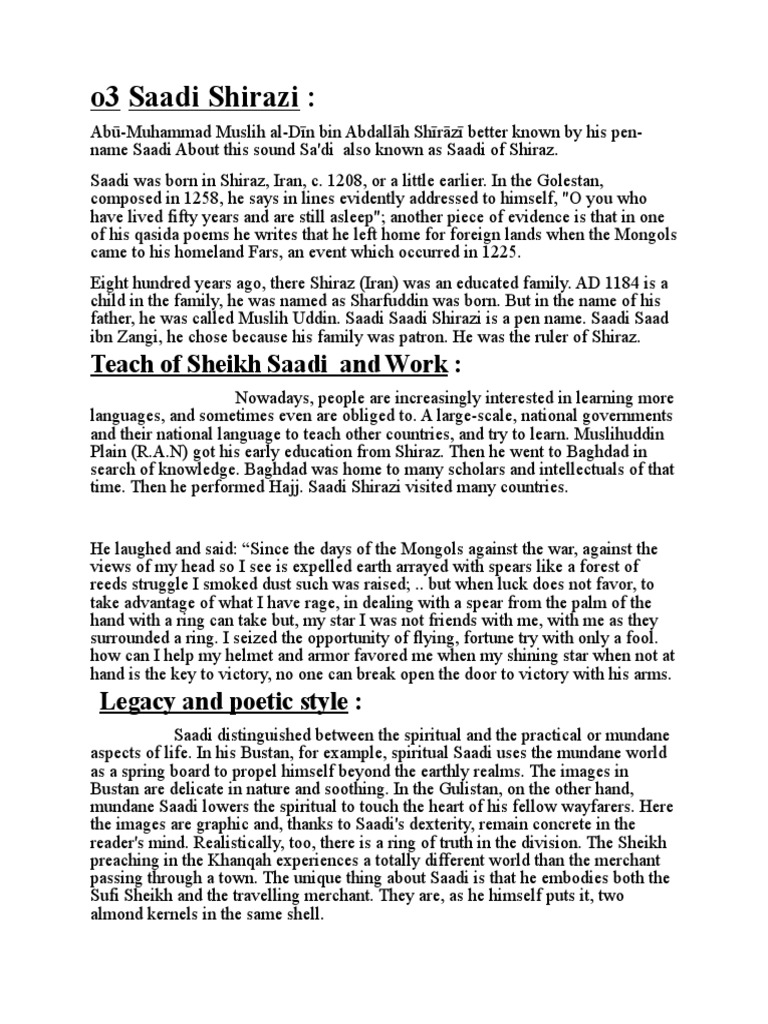 O3 Saadi Shirazi:: Teach of Sheikh Saadi and Work | PDF | Poetry