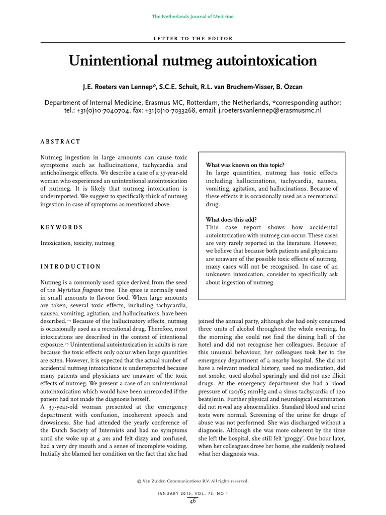 Unintentional Nutmeg Autointoxication: J.E. Roeters Van Lennep, S.C.E ...