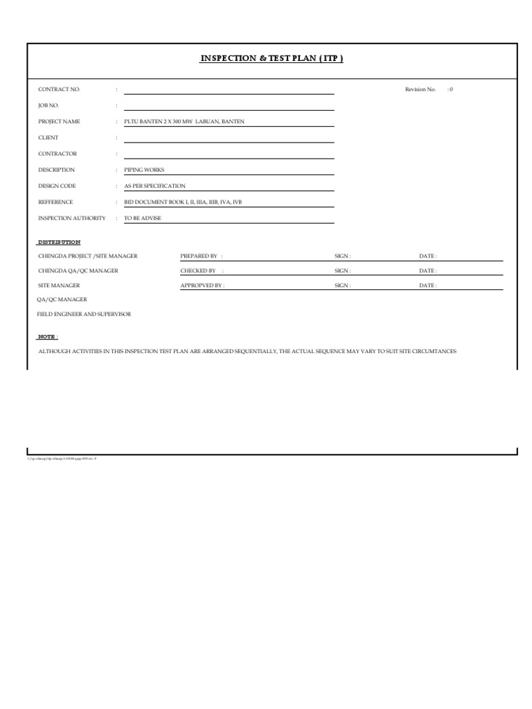 CONTOH ITP Piping Works | PDF | Nondestructive Testing | Mechanical ...