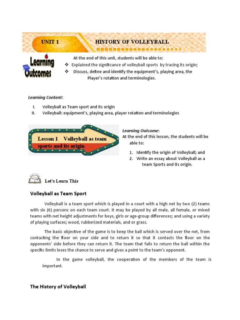 Unit 1 History of Volleyball: Learning Content | PDF | Volleyball ...