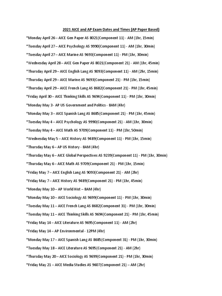 2021 AICE & AP Exam Schedule | PDF | Standardized Tests | Advanced ...