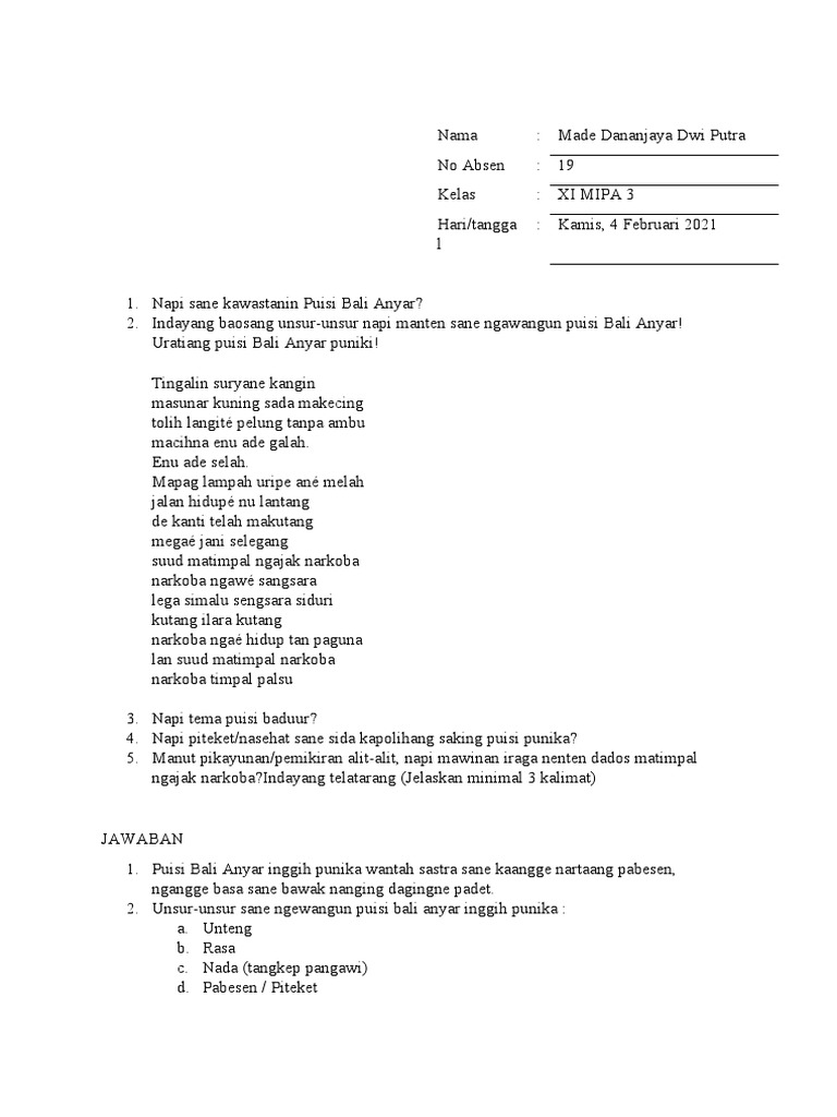 Soal Puisi Bali Anyar - Made Dananjaya Dwi Putra | PDF