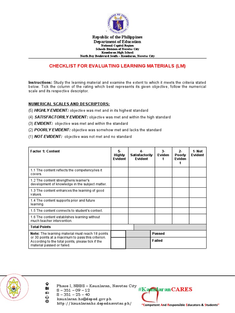 Checklist For Evaluating Learning Materials (LM) : ' Republic of The ...