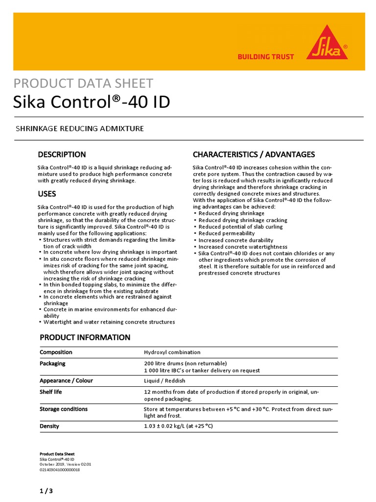 Sika Control®-40 ID: Product Data Sheet | PDF | Casting (Metalworking ...