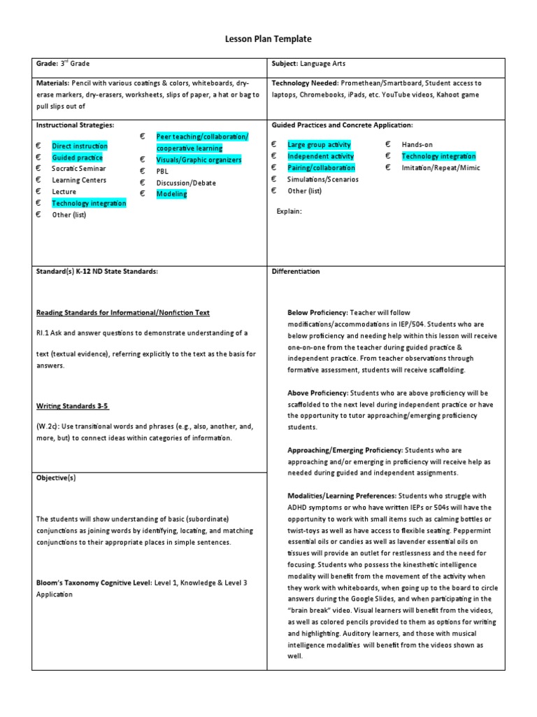 Conjunctions Lesson Plan Umary Template 1 | PDF | Lesson Plan | Teachers