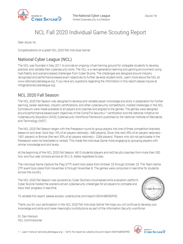 NCL Fall 2020 Individual Game Scouting Report | PDF