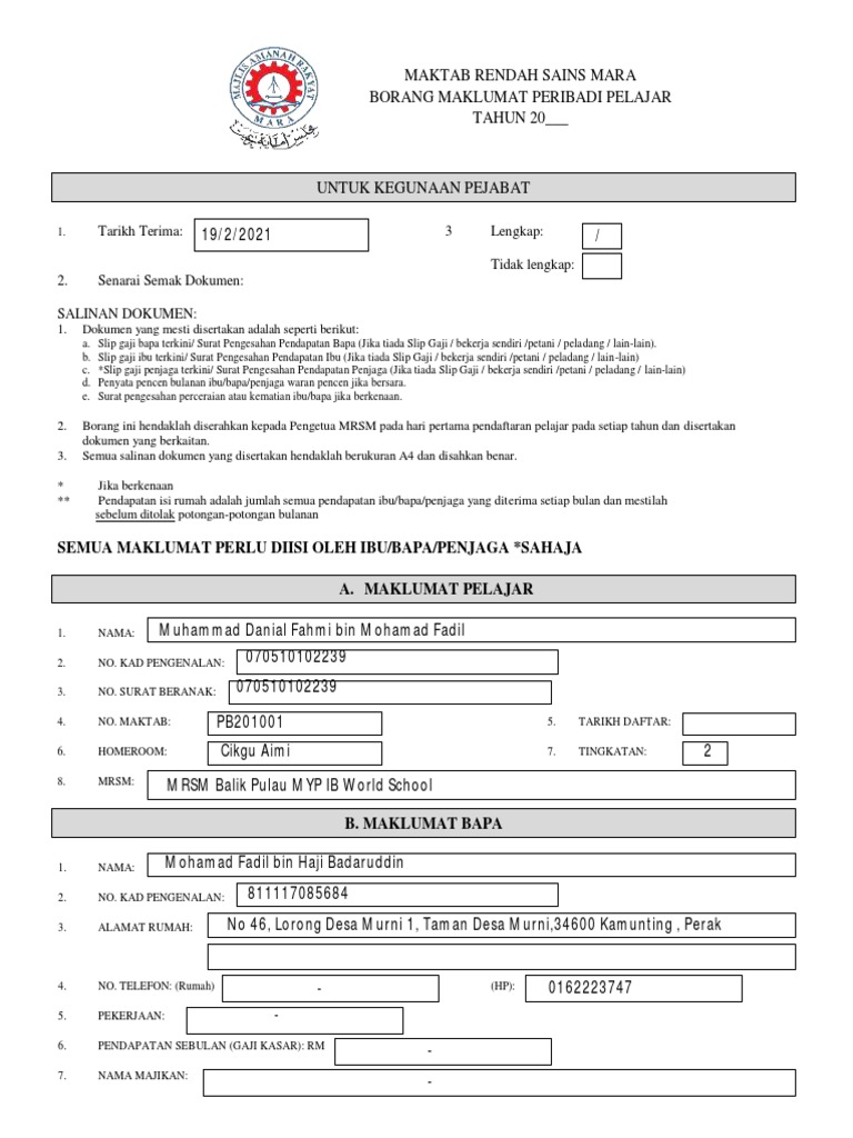 Contoh Borang Maklumat Murid | PDF