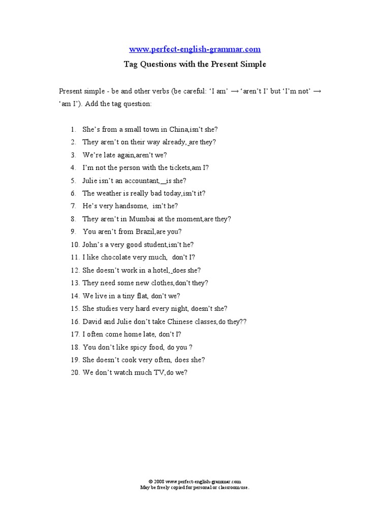 Tag Questions With The Present Simple | PDF