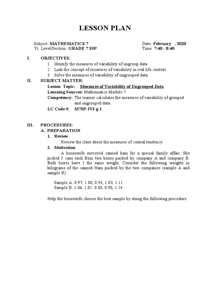 Lesson Plan 7 Cot 3 Measures of Vaiability of Ungrouped Data | Download ...