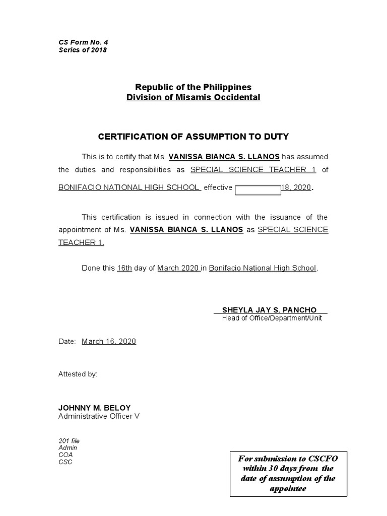 CS Form No. 4 Certification of Assumption To Duty | PDF