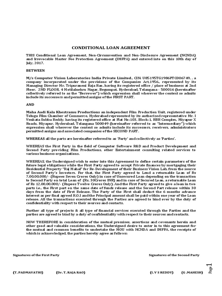 Conditional Loan Agreement | PDF | Loans | Business Law