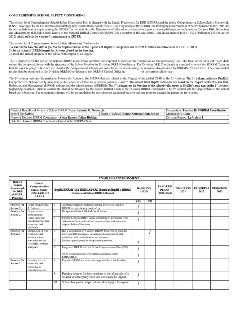 Comprehensive School Safety Monitoring: ST ND RD | PDF | Disaster Risk ...