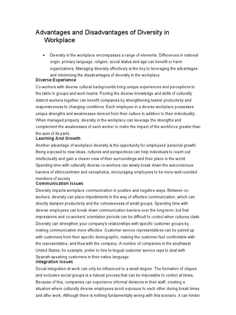 Advantages and Disadvantages of Diversity in Workplace | PDF | Social ...
