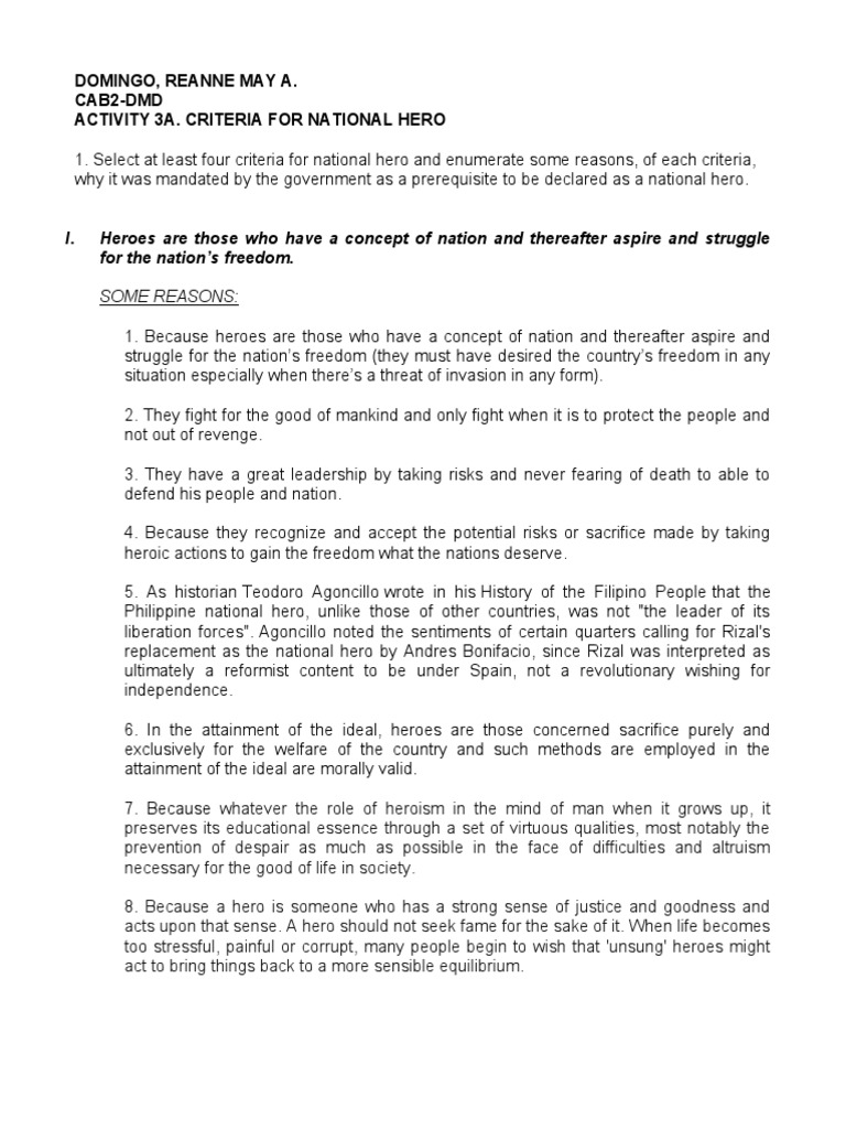 Activity 3a Criteria For National Hero | PDF