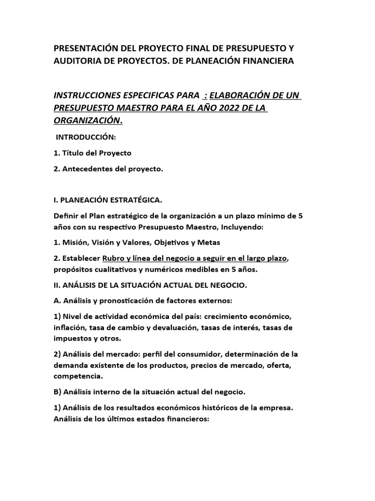 Guia para Presentacion de Presupuesto Maestro. Proyecto Final May. 2021. | PDF | Presupuesto ...