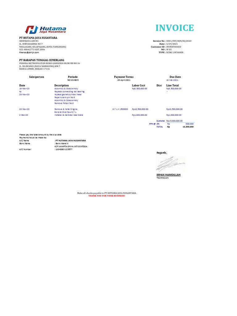 Invoice: PT Hutama Jaya Nusantara | PDF | Engine Technology | Vehicle Parts