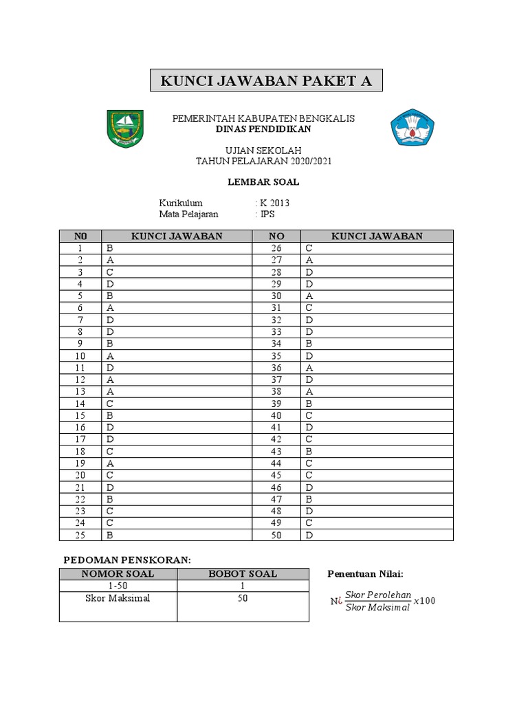 Kunci Jawaban Dan Pedoman Penilaian Us Ips Paket A | PDF