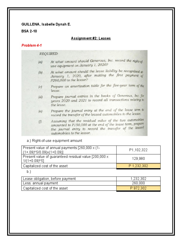Problem 4-1: GUILLENA, Isabelle Dynah E. BSA 2-10 Assignment #2: Leases | PDF | Present Value ...