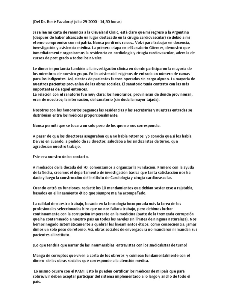 Carta Doctor Favaloro | PDF | Medicina | Cuidado de la salud