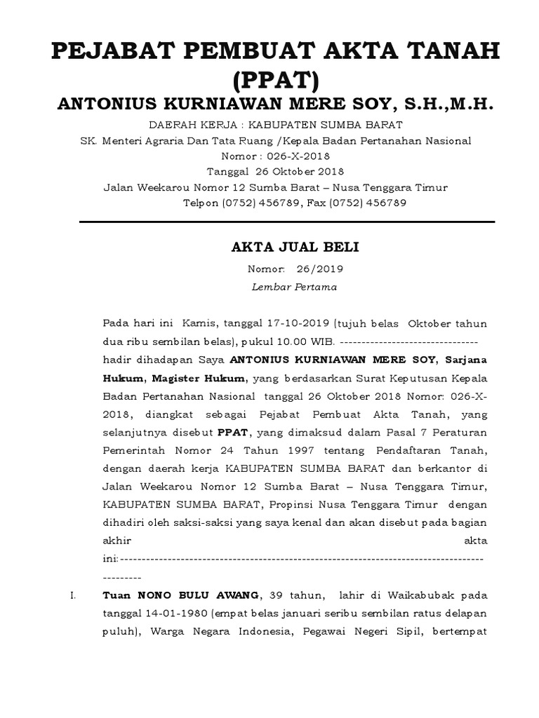Pejabat Pembuat Akta Tanah (PPAT) : Antonius Kurniawan Mere Soy | PDF