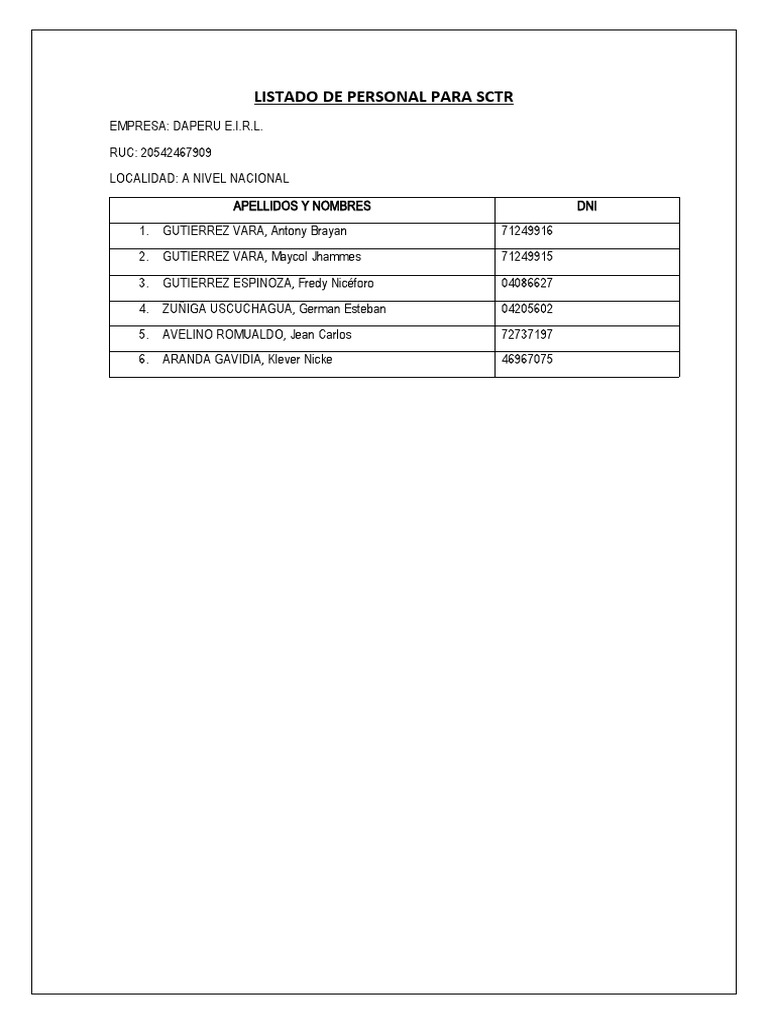 Listado de Personal para SCTR | PDF