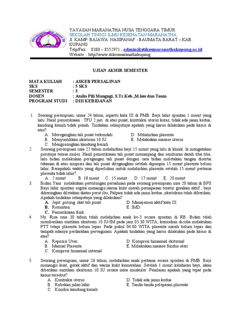 Soal Uas Askeb Persalinan 2020 | PDF