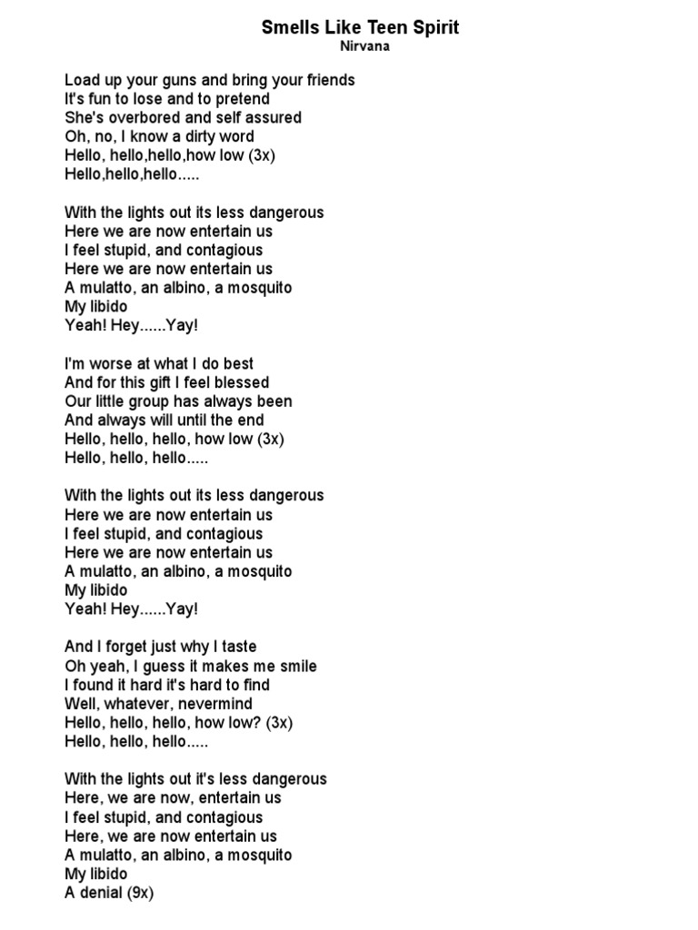Smells Like Teen Spirit Lyrics Analysis | PDF | Language Arts ...