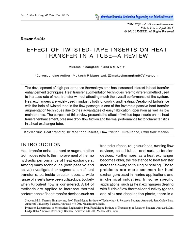 Twisted Tape Inserts | PDF | Heat Transfer | Heat Exchanger