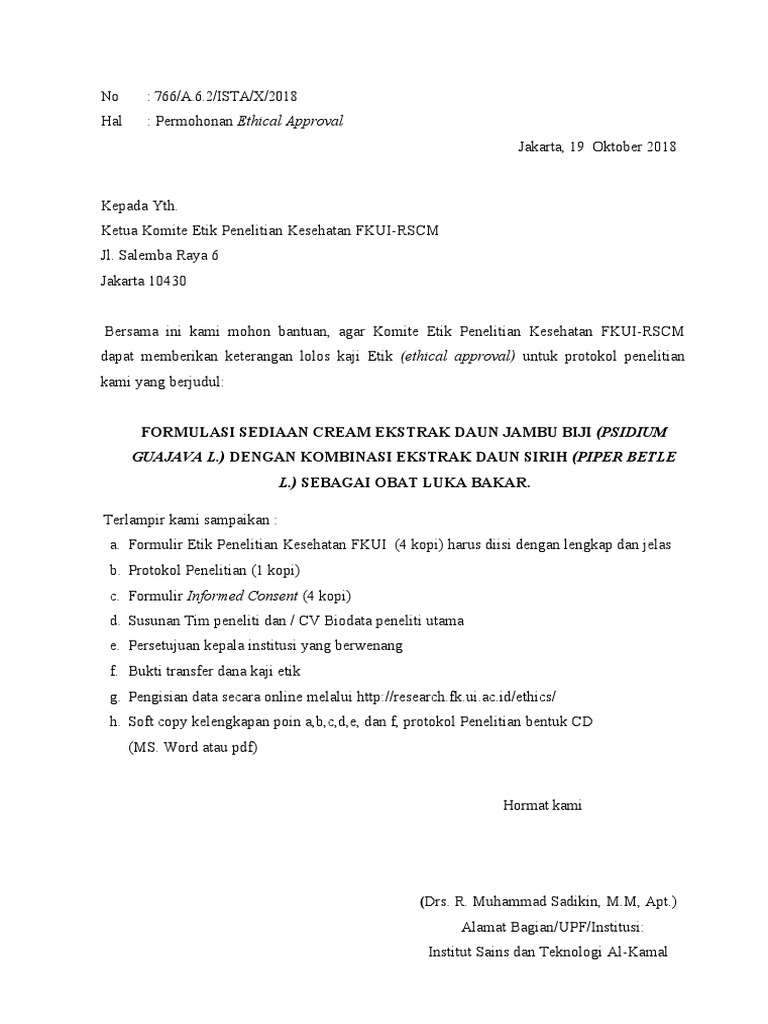 Surat Permohonan Ethical Approval SEPTIANI | PDF