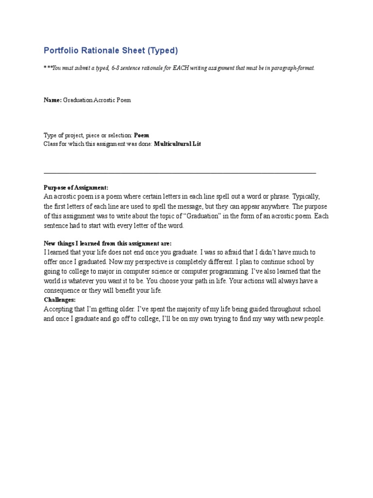 Graduation Acrostic Poem Portfolio Rationale Sheet | PDF