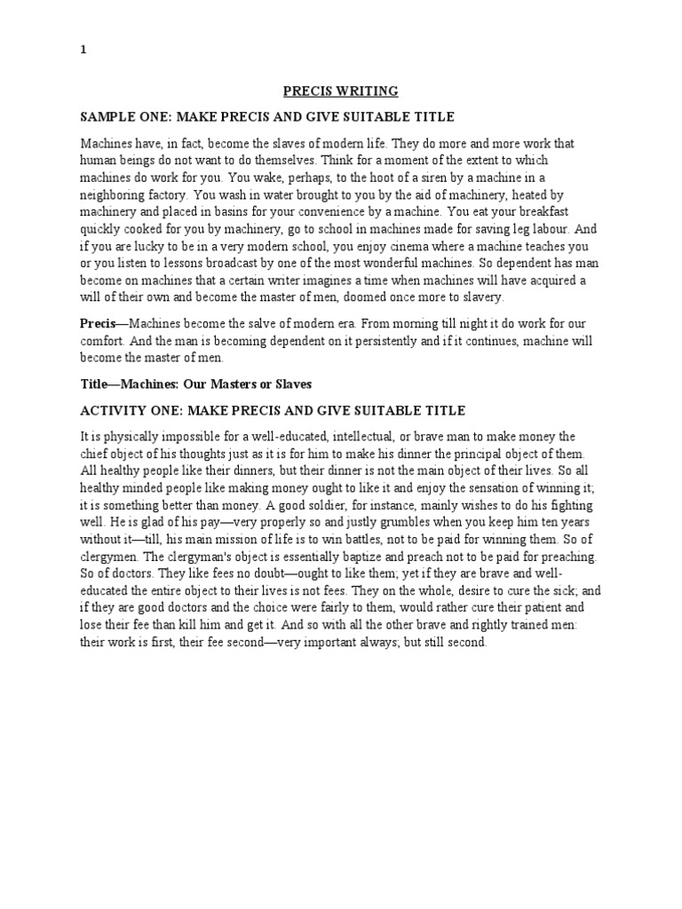 Precis Writing Sample One: Make Precis and Give Suitable Title ...